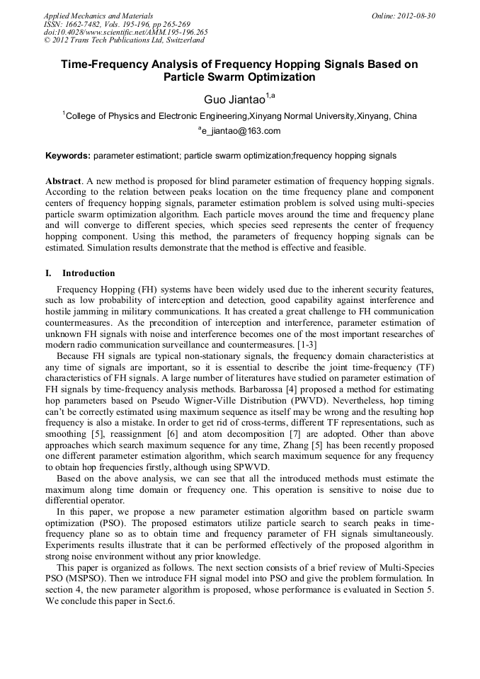 Time Frequency Analysis Of Frequency Hopping Signals Based On Particle Swarm Optimization