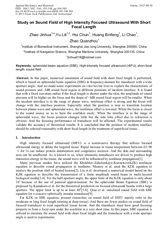 Study on Sound Field of High Intensity Focused Ultrasound with Short ...