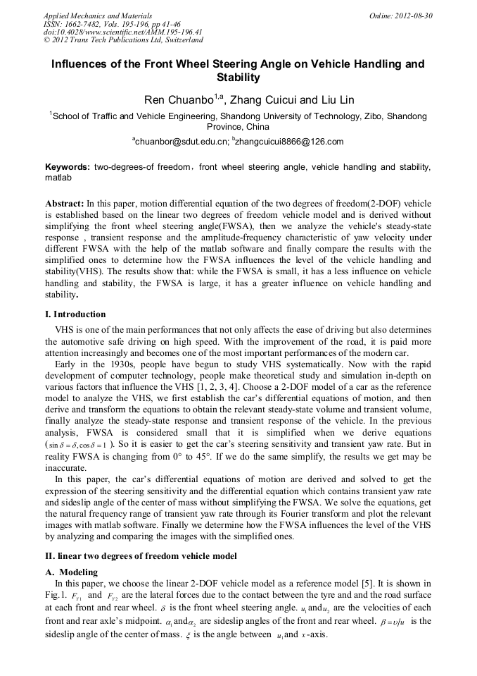 Influences of the Front Wheel Steering Angle on Vehicle Handling and ...
