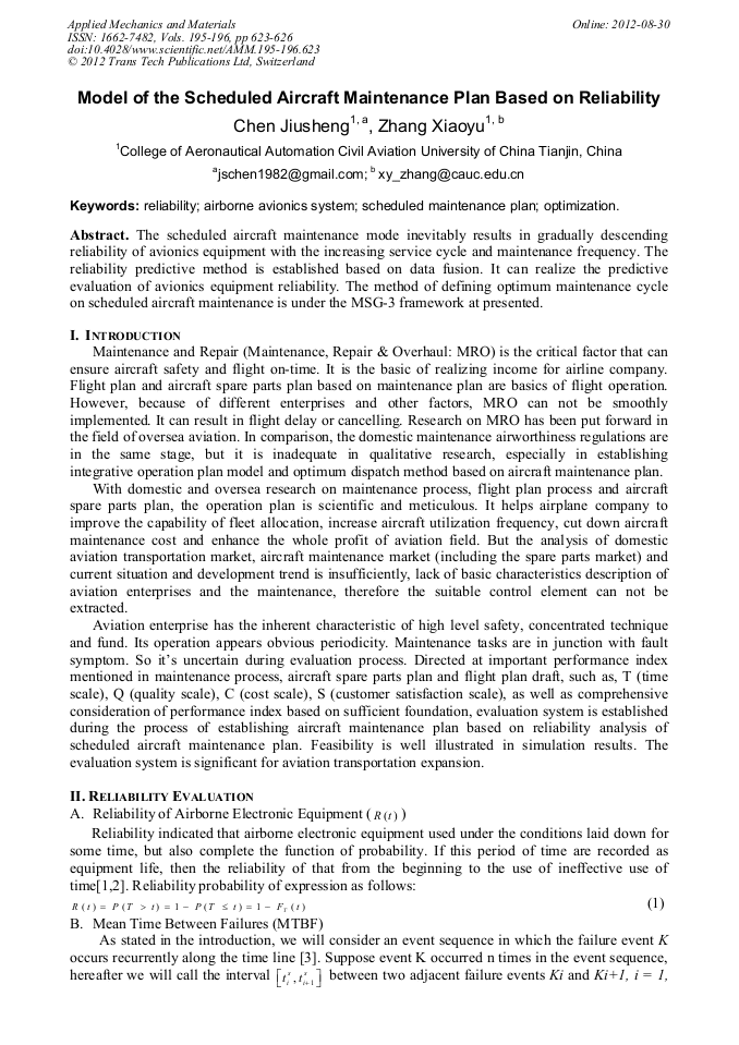 Model of the Scheduled Aircraft Maintenance Plan Based on Reliability ...
