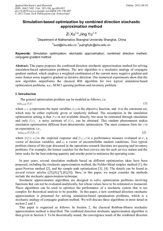 Simulation-Based Optimization by Combined Direction Stochastic Approximation Method | Scientific.Net