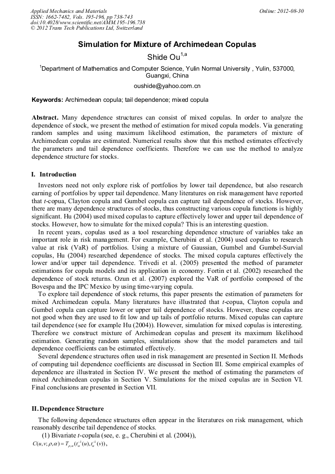 Simulation for Mixture of Archimedean Copulas | Scientific.Net