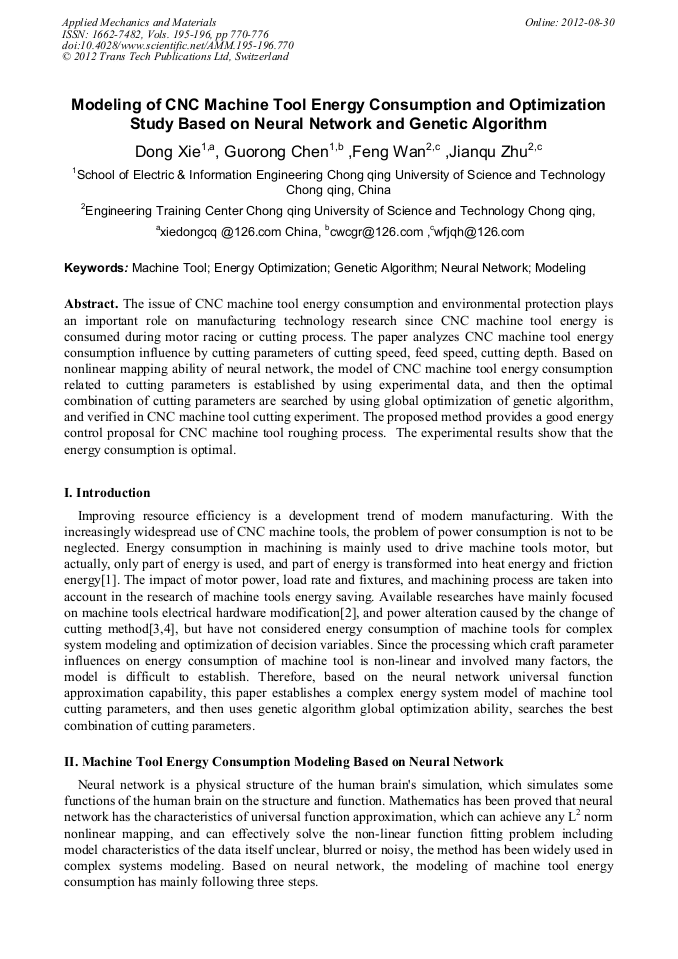 Modeling of CNC Machine Tool Energy Consumption and Optimization Study Based on Neural Network ...
