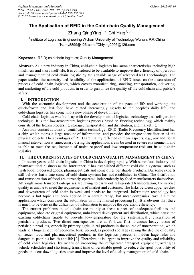 The Application of RFID in the Cold-Chain Quality Management ...