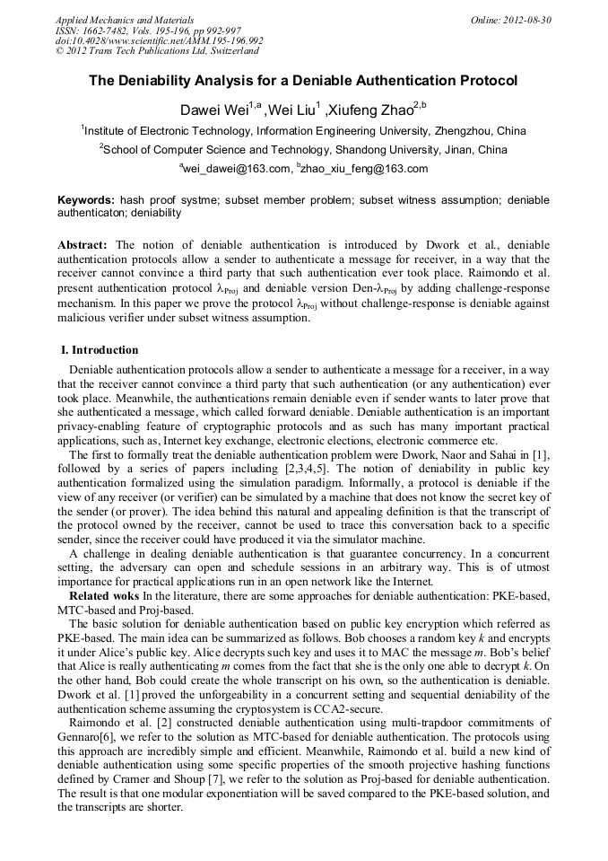 The Deniability Analysis for a Deniable Authentication Protocol | Scientific.Net