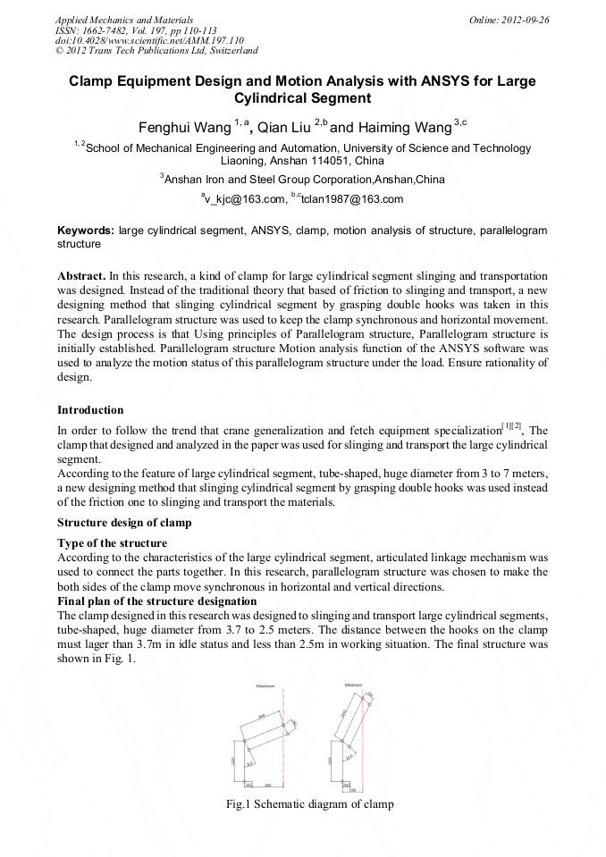 Clamp Equipment Design and Motion Analysis with ANSYS for Large ...
