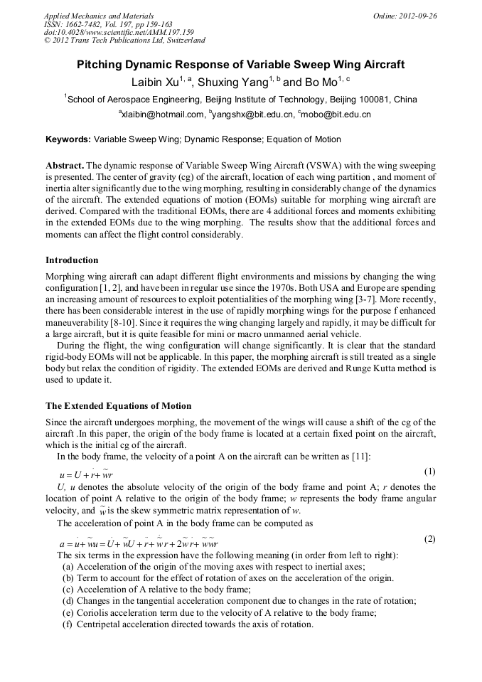 Pitching Dynamic Response of Variable Sweep Wing Aircraft | Scientific.Net