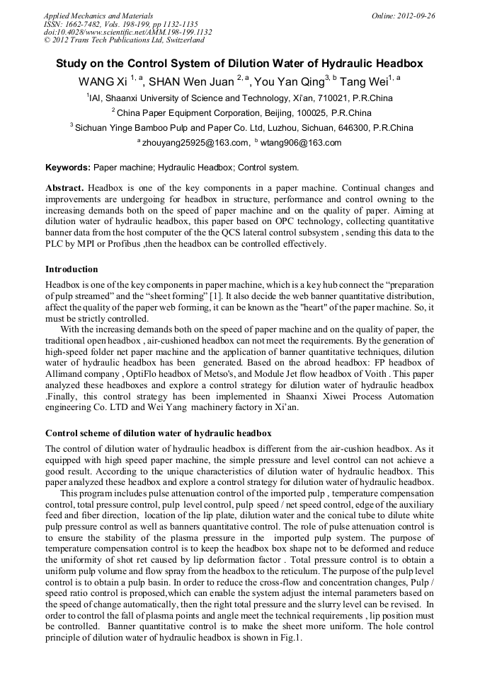 Study on the Control System of Dilution Water of Hydraulic Headbox ...