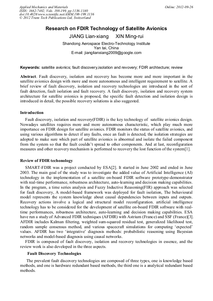 Research on FDIR Technology of Satellite Avionics | Scientific.Net