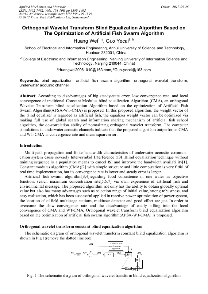 Orthogonal Wavelet Transform Blind Equalization Algorithm Based on the Optimization of ...