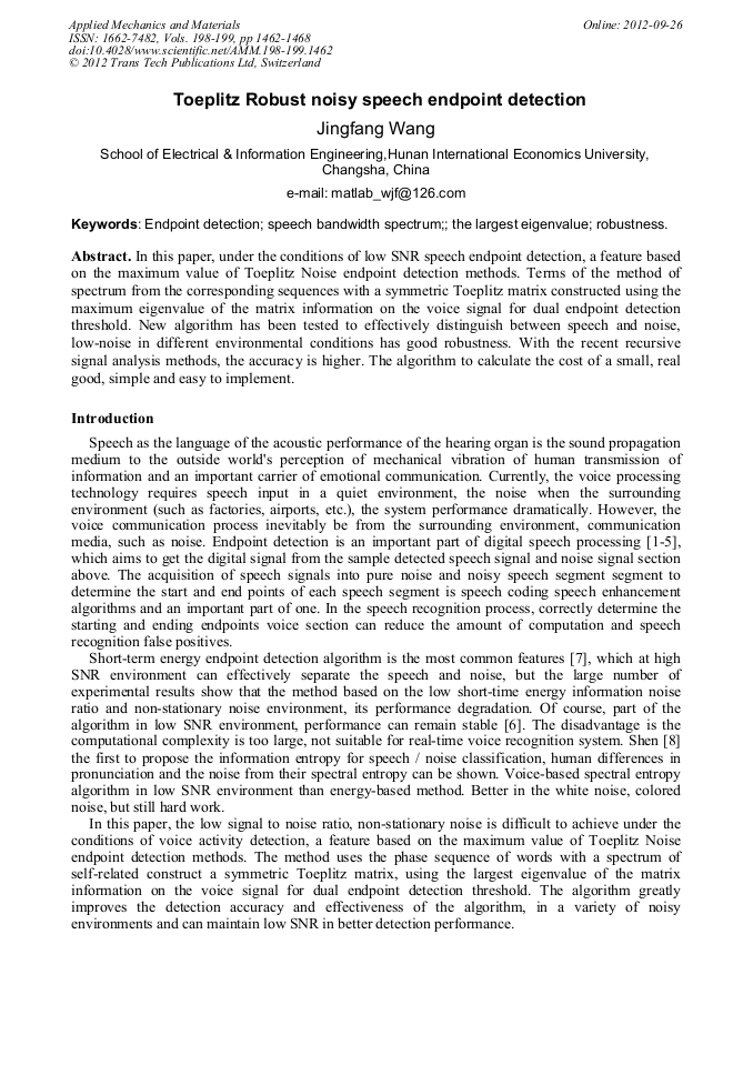 Toeplitz Robust Noisy Speech Endpoint Detection | Scientific.Net