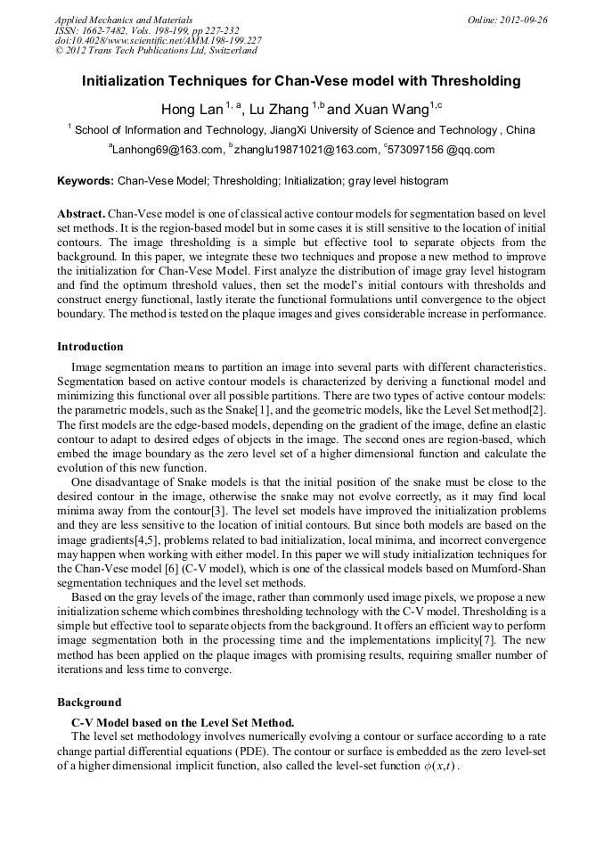 Initialization Techniques for Chan-Vese Model with Thresholding | Scientific.Net