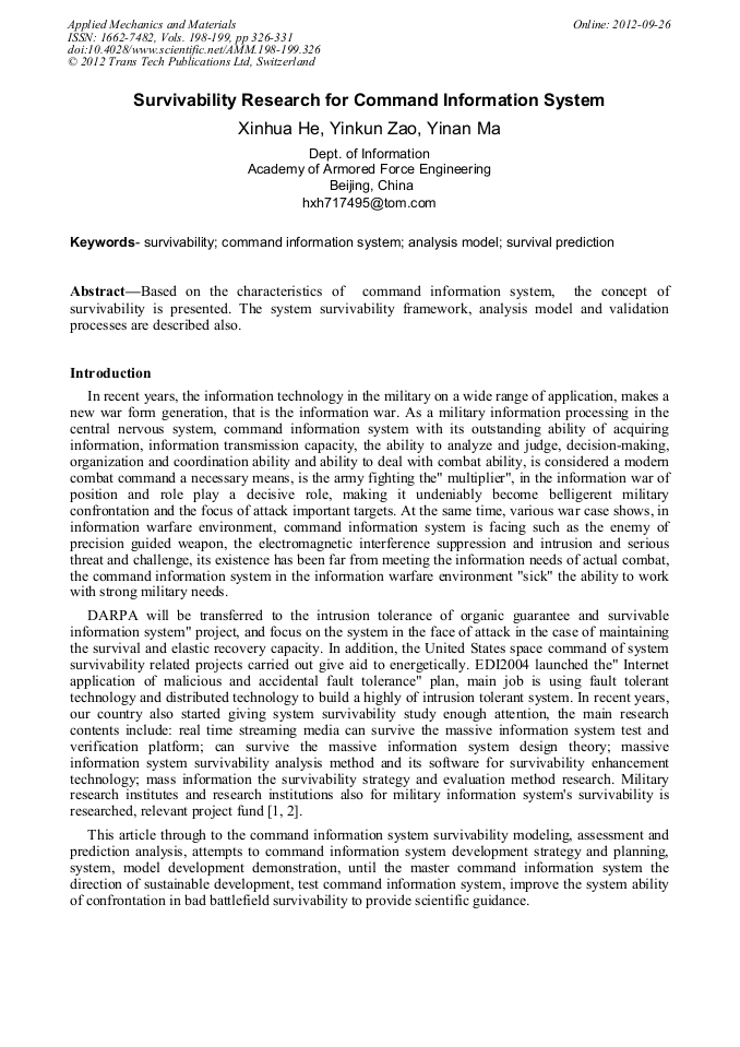 Survivability Research for Command Information System | Scientific.Net