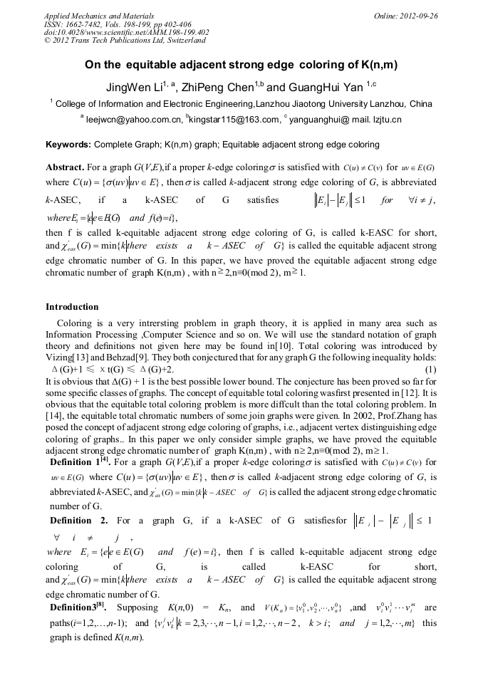 On the Equitable Adjacent Strong Edge Coloring of K(n,m) | Scientific.Net