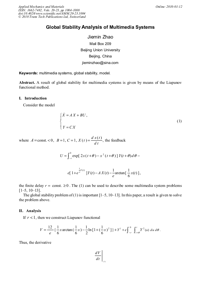 Global Stability Analysis of Multimedia Systems | Scientific.Net