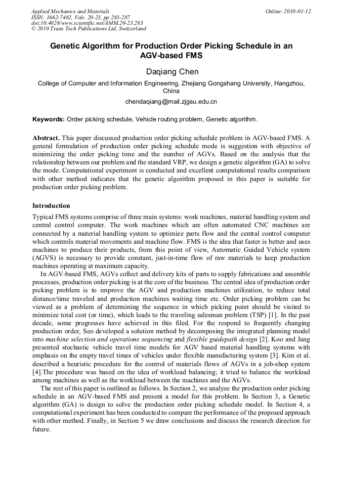 Genetic Algorithm for Production Order Picking Schedule in an AGV-Based FMS | Scientific.Net