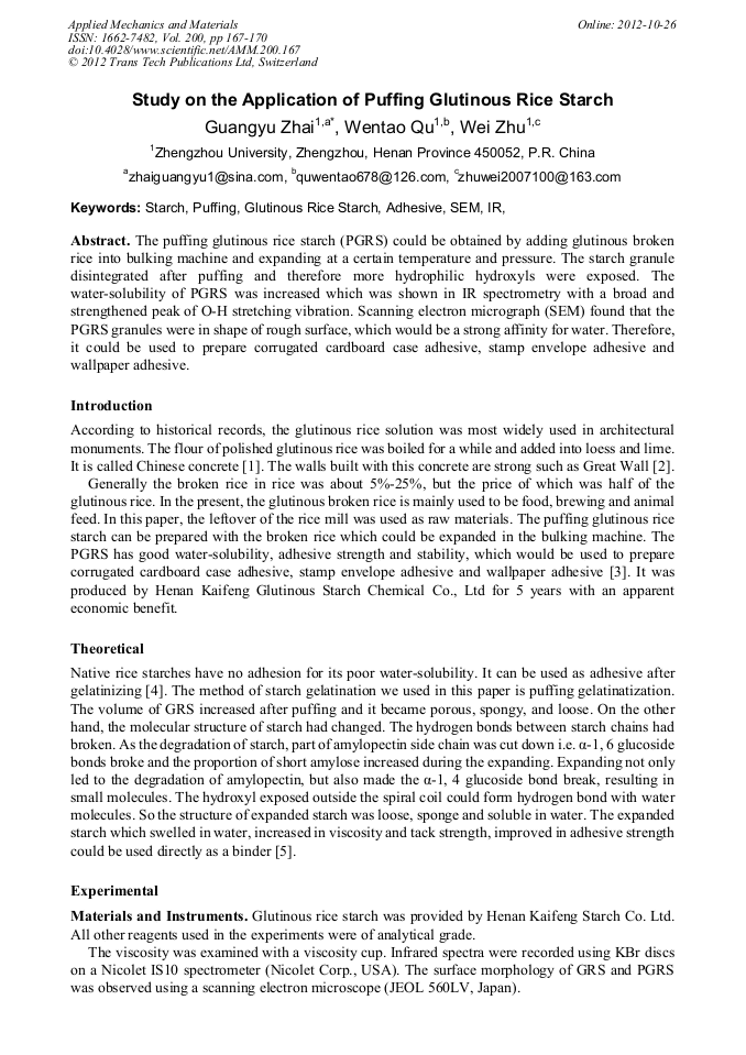 Study on the Application of Puffing Glutinous Rice Starch | Scientific.Net