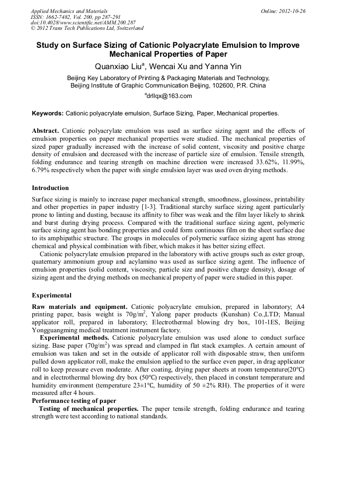 Study on Surface Sizing of Cationic Polyacrylate Emulsion to Improve Mechanical Properties of ...