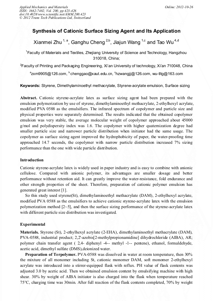 Synthesis of Cationic Surface Sizing Agent and its Application | Scientific.Net
