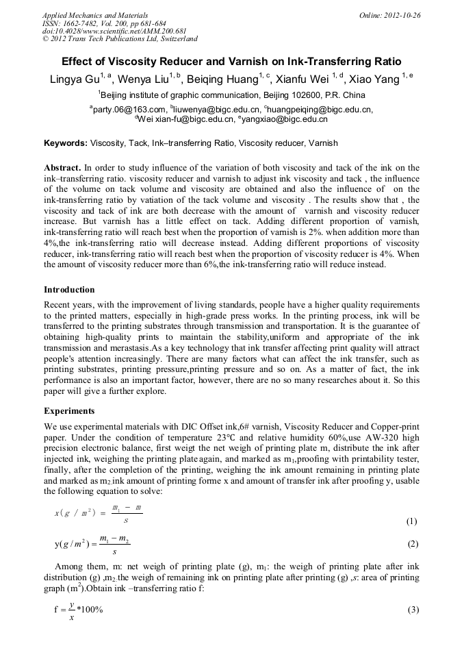 Effect of Viscosity Reducer and Varnish on Ink-Transferring Ratio ...