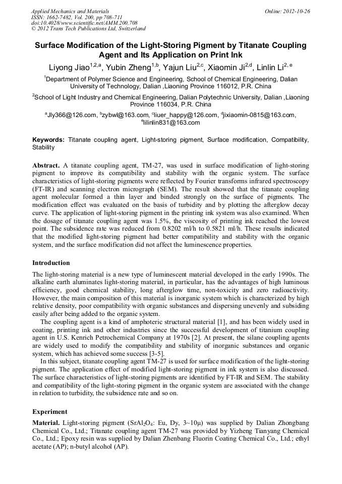 Surface Modification of the Light-Storing Pigment by Titanate Coupling ...