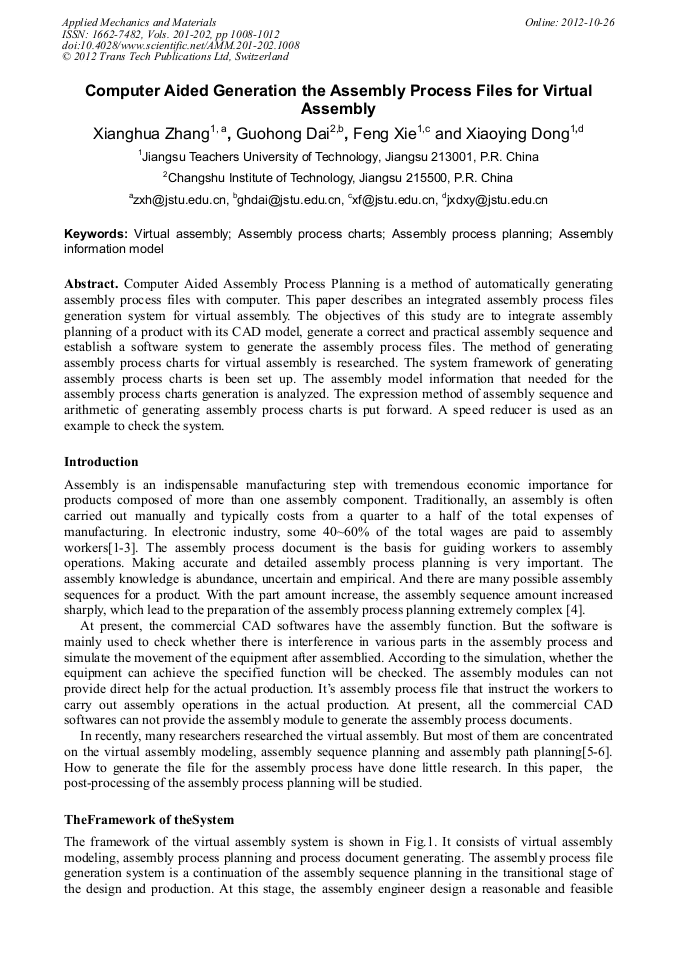 Computer Aided Generation the Assembly Process Files for Virtual Assembly | Scientific.Net