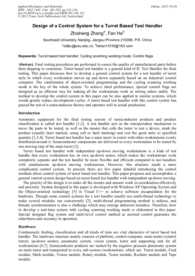 Design of a Control System for a Turret Based Test Handler | Scientific.Net