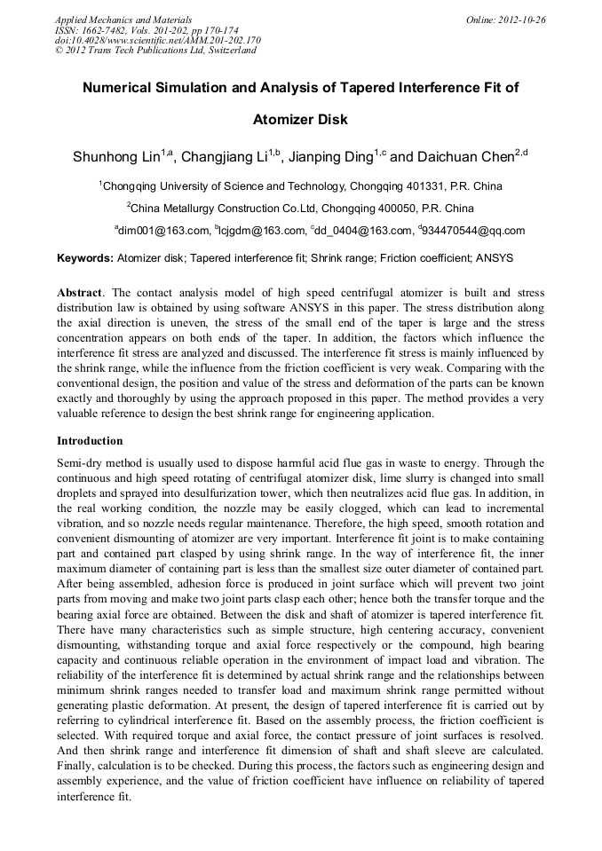 Numerical Simulation and Analysis of Tapered Interference Fit of ...