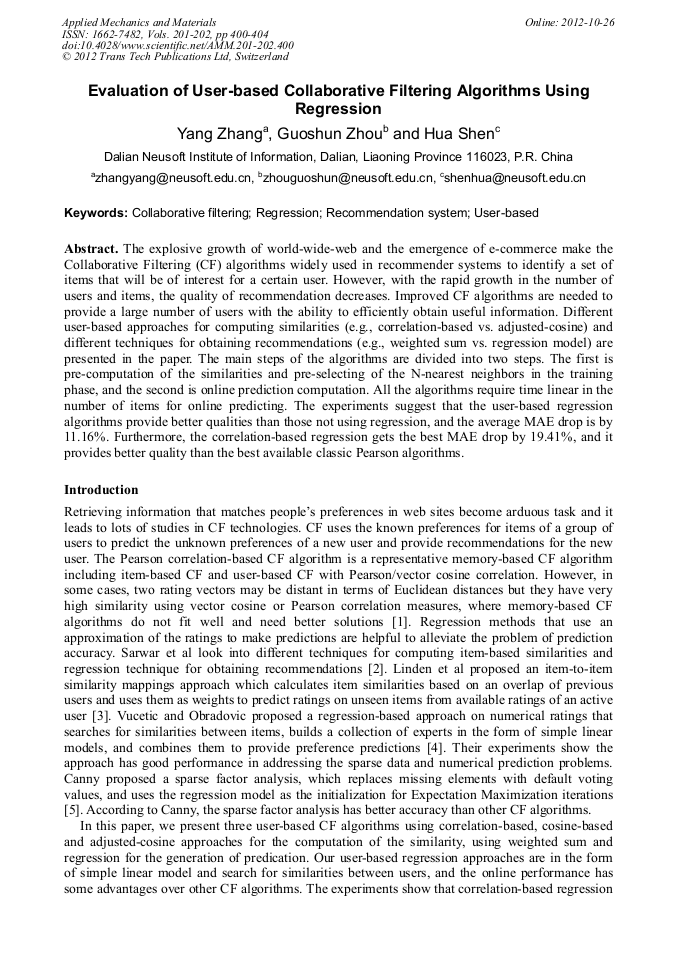 Evaluation of User-Based Collaborative Filtering Algorithms Using ...