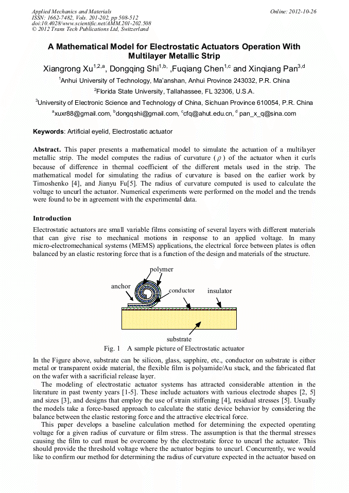 A Mathematical Model for Electrostatic Actuators Operation with ...
