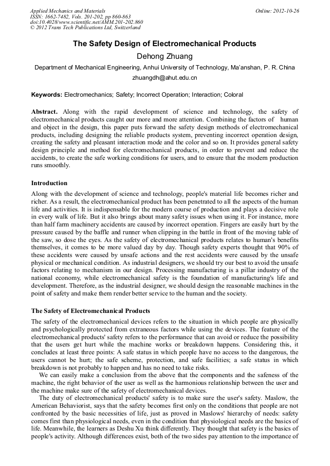 The Safety Design of Electromechanical Products | Scientific.Net