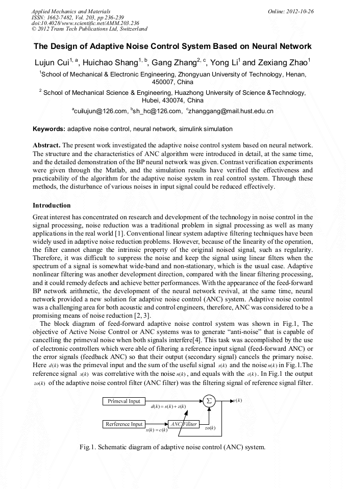 The Design of Adaptive Noise Control System Based on Neural Network ...