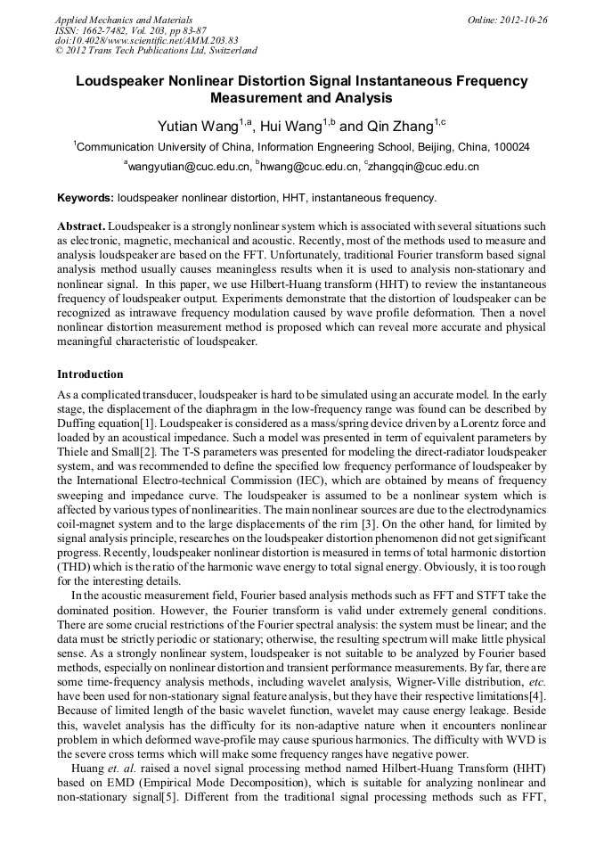 Loudspeaker Nonlinear Distortion Signal Instantaneous Frequency ...