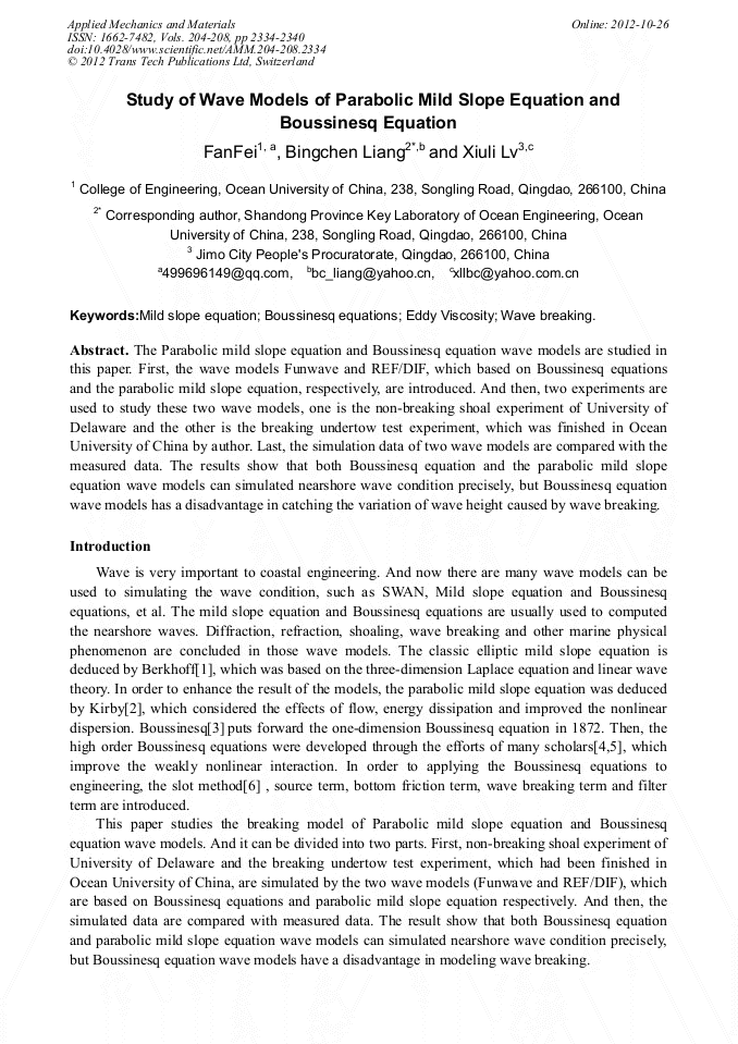 Study of Wave Models of Parabolic Mild Slope Equation and Boussinesq ...