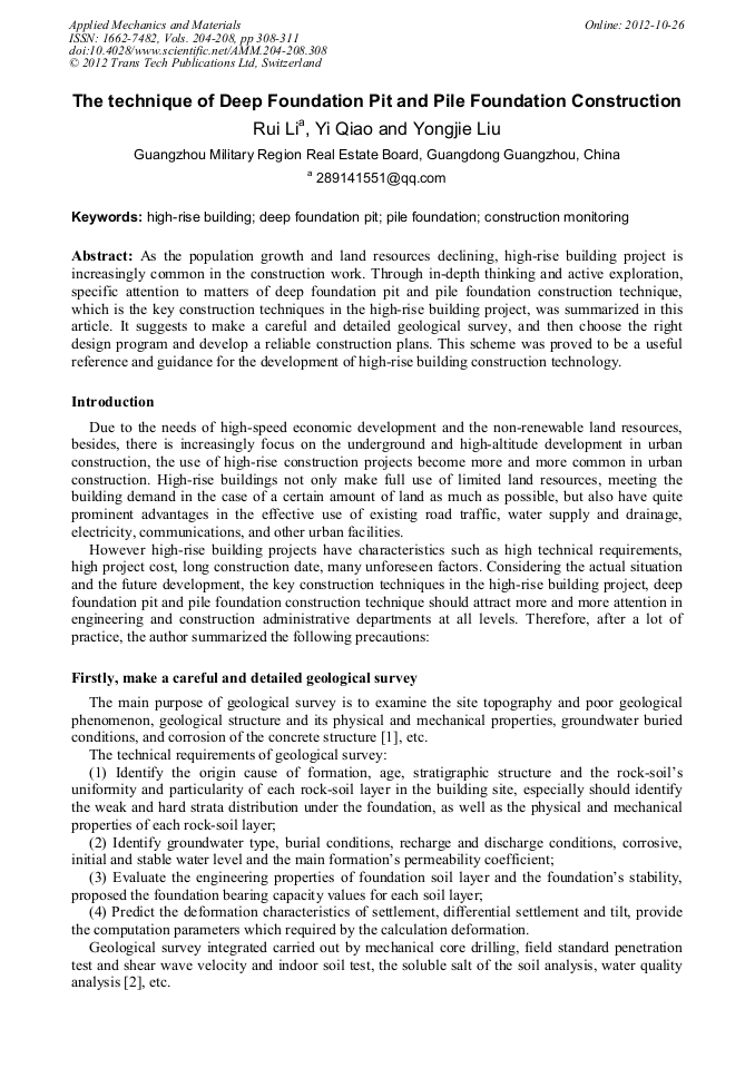 The Technique of Deep Foundation Pit and Pile Foundation Construction ...