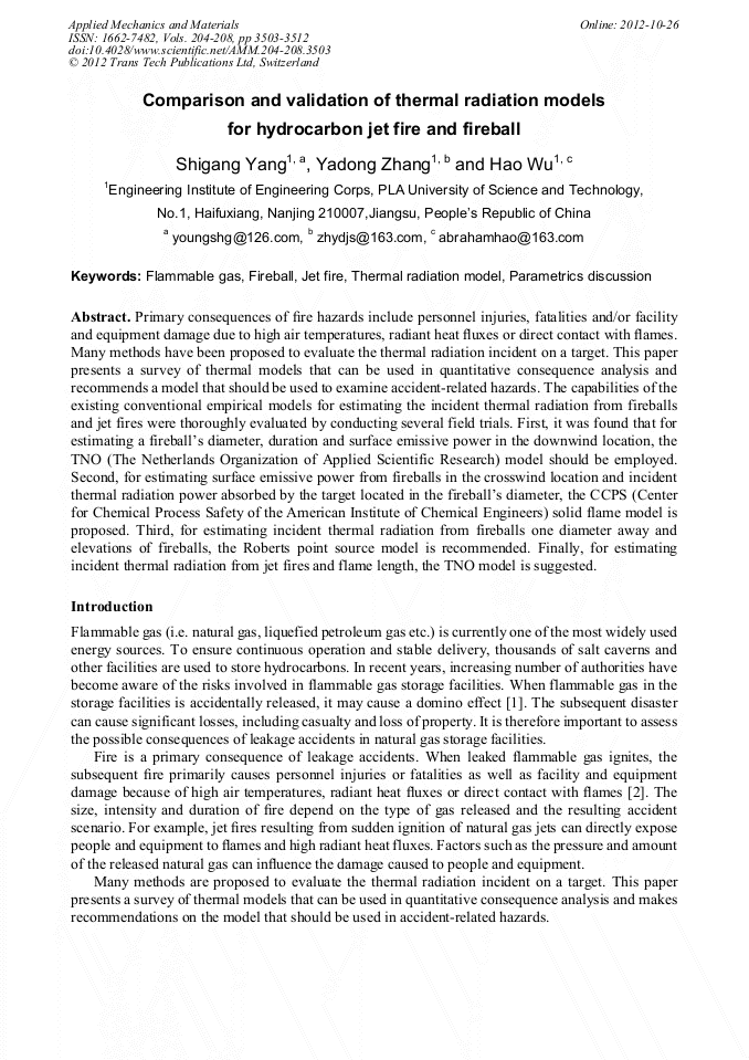 Comparison and Validation of Thermal Radiation Models for Hydrocarbon ...