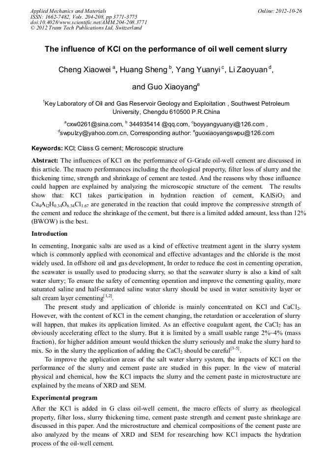 The Influence of KCl on the Performance of Oil Well Cement Slurry ...