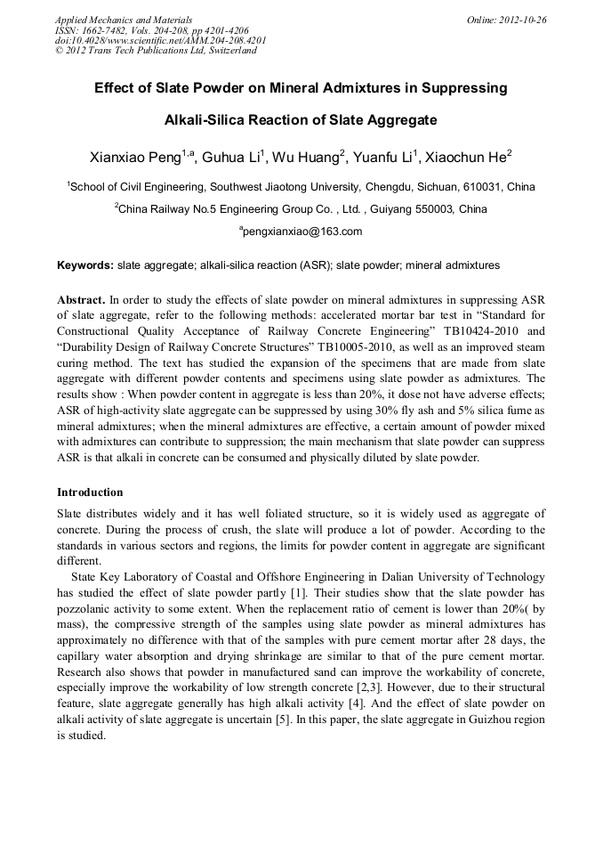 Effect of Slate Powder on Mineral Admixtures in Suppressing Alkali ...