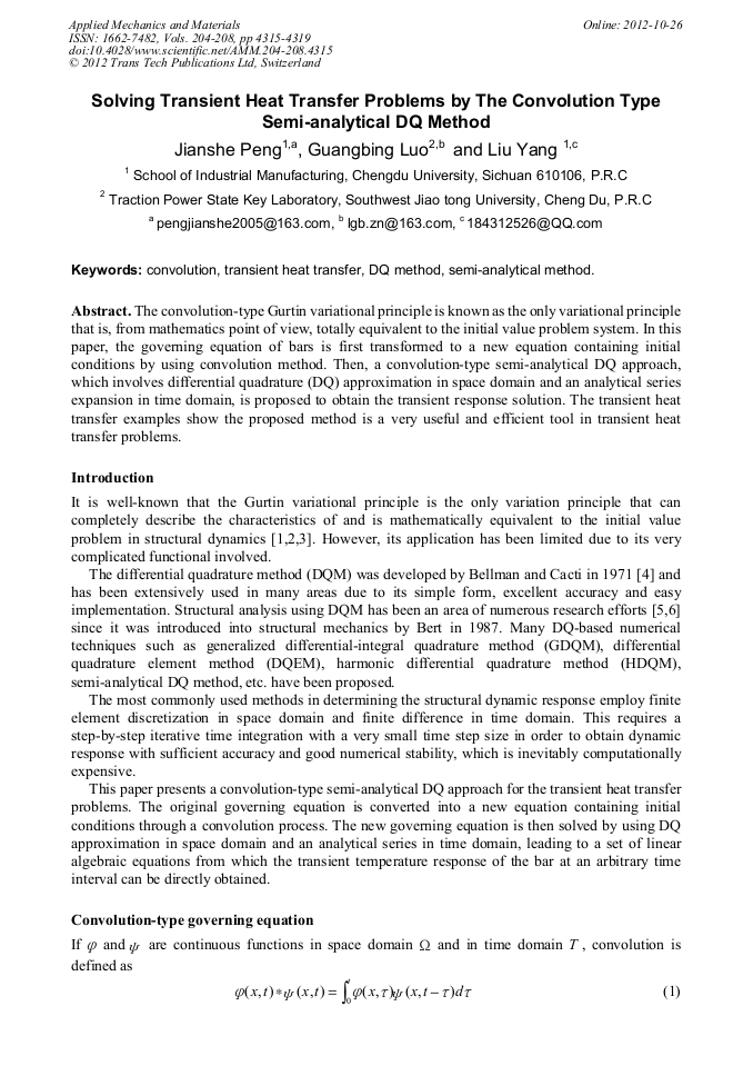 Solving Transient Heat Transfer Problems by the Convolution Type Semi ...