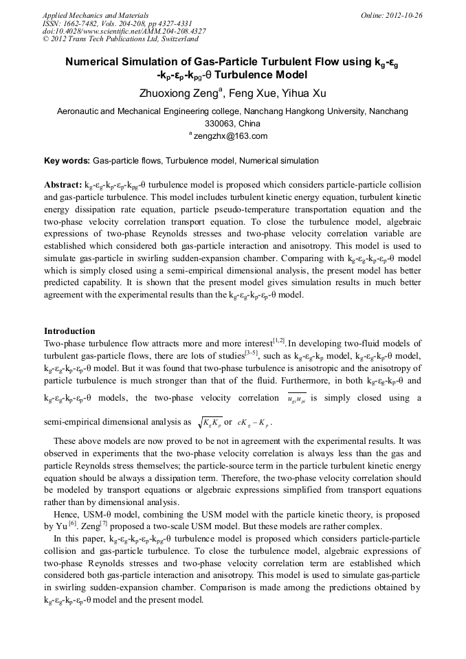 Numerical Simulation of Gas-Particle Turbulent Flow Using kg-εg -kp-εp ...