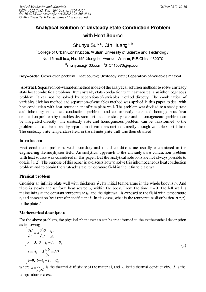 Analytical Solution of Unsteady State Conduction Problem with Heat ...