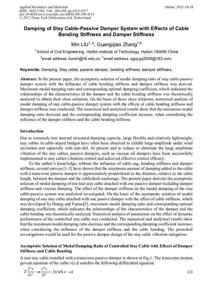 Damping of Stay Cable-Passive Damper System with Effects of Cable ...