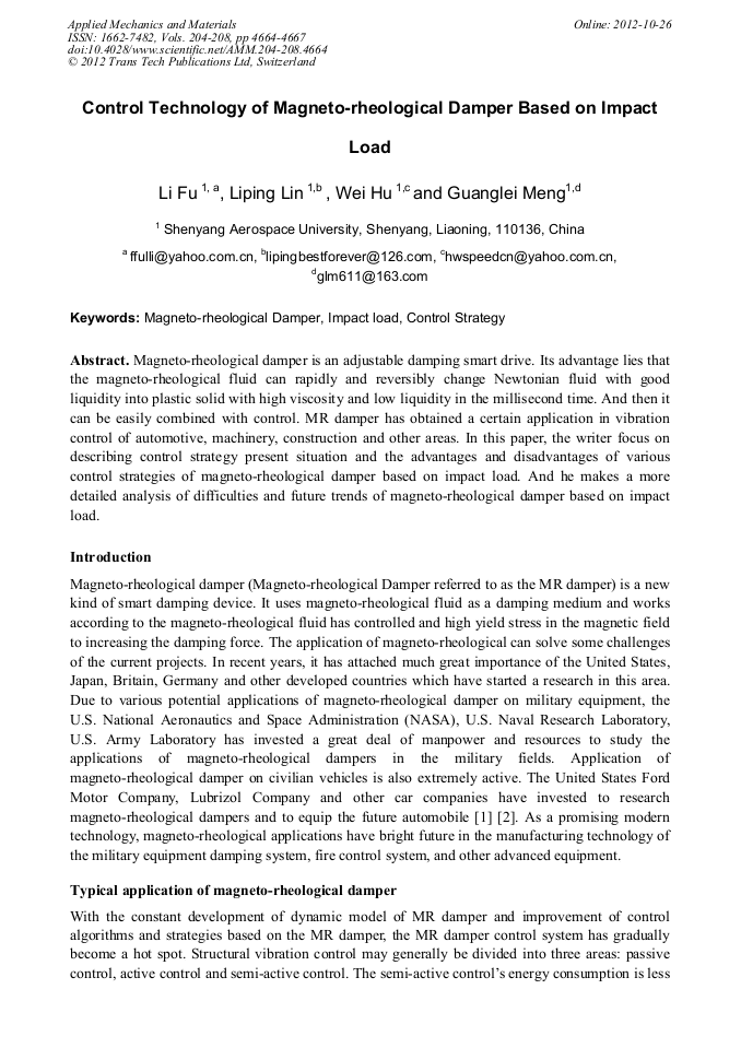 Control Technology of Magneto-Rheological Damper Based on Impact Load ...