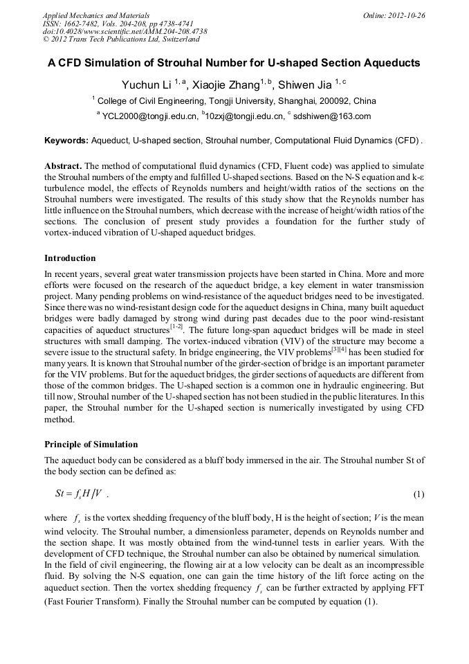 A CFD Simulation of Strouhal Number for U-Shaped Section Aqueducts ...