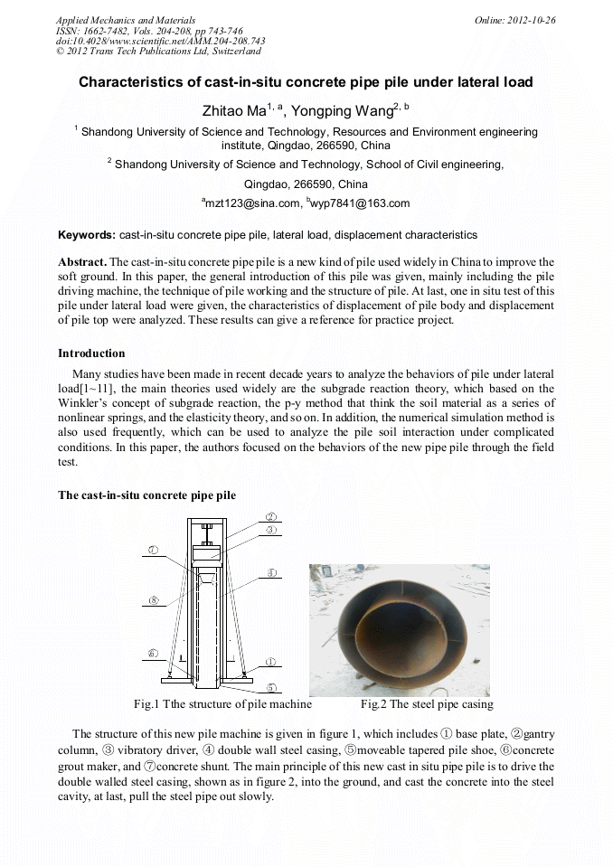Characteristics of Cast-InSitu Concrete Pipe Pile under Lateral Load ...