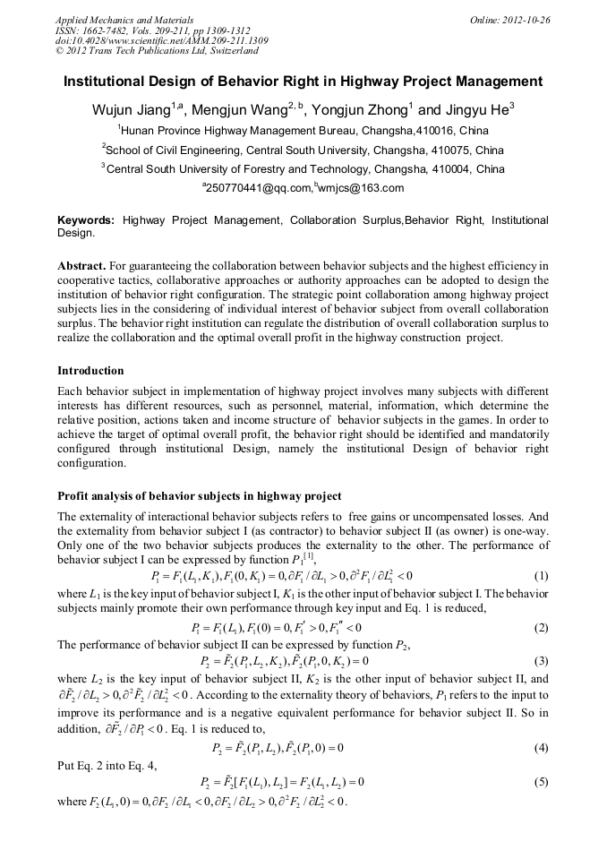 Institutional Design of Behavior Right in Highway Project Management ...