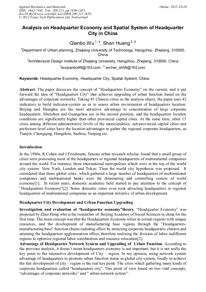 Analysis on Headquarter Economy and Spatial System of Headquarter City ...