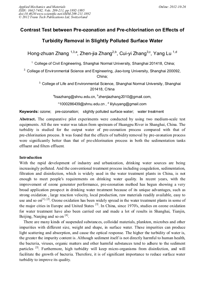 Contrast Test between Pre-Ozonation and Pre-Chlorination on Effects of ...