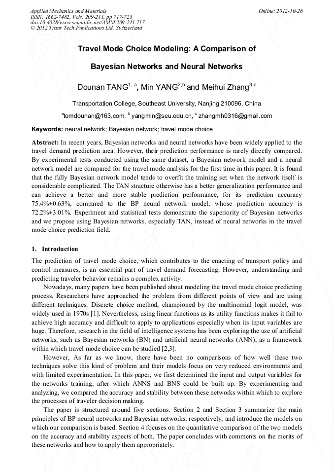 Travel Mode Choice Modeling: A Comparison of Bayesian Networks and Neural Networks | Scientific.Net