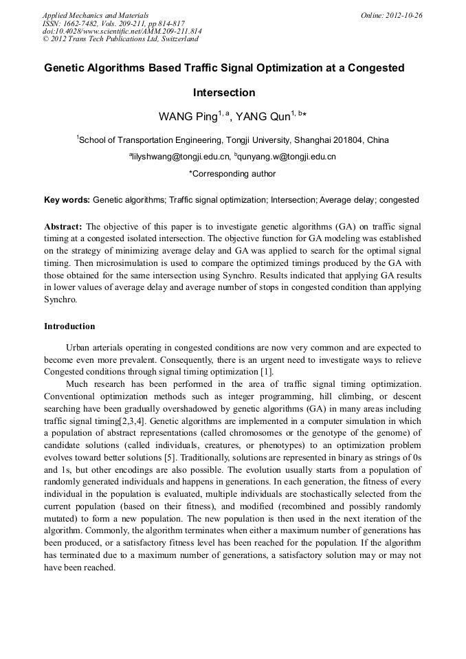 Genetic Algorithms Based Traffic Signal Optimization At A Congested Intersection Scientificnet